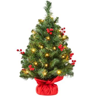 Yaheetech 60cm Mini K&uuml;nstlicher Weihnachtsbaum mit 35 Warmwei&szlig; LED Beleuchtung & 40 Roten Beeren Kleiner Christbaum Tisch Tannenbaum f&uuml;r Weihnachtsdeko, Gr&uuml;n