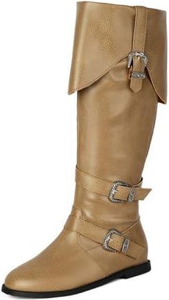 Generic Bottes déquitation plates à bout rond pour femme - Avec fermeture éclair - Style rétro médiéval - Pour cosplay, kaki, 39.5 EU