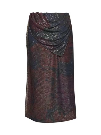 Maison Margiela Womens Midi Skirt Draped Sequin-Print Blue-Burgundy Multicolour Polyester
