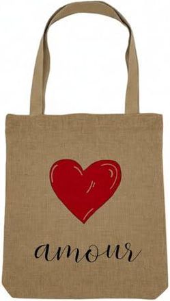 Fabulous Sac Shopping Tote Bag Aspect Lin - Amour avec Coeur Fushia Dessin Saint Valentin - Sac de Courses Toile Epaisse 360g Beige Naturel Cabas Port&eacute; Epaule 