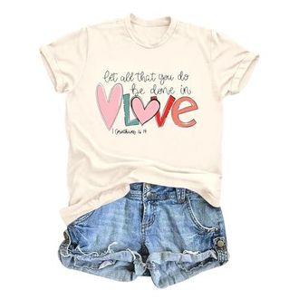 Generic T-shirt &agrave; manches courtes imprim&eacute; coeur pour la Saint-Valentin 2026, beige, 3XL