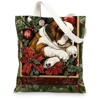 Generic Sac fourre-tout en toile pour le shopping Motif chien Saint-Bernard de No&euml;l 33 x 38,1 cm, sac d&eacute;picerie r&eacute;utilisable pour femme, peinture r&eacute;tro esth&eacute;t