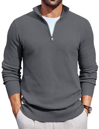 Coofandy Pull pour Homme Pull en Jersey &agrave; Con Zip Sweat Tricot&eacute; &agrave; Manches Longues Pulls de Travail D&eacute;contract&eacute; Pulls Chaud Hiver Sweatshirts Gris Fonc&eacute; L