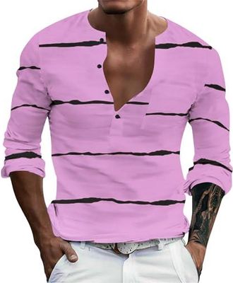 Generic T-shirt &agrave; rayures pour homme - Chemisier ample - D&eacute;contract&eacute; - Tendance - Base ray&eacute;e - T-shirt &agrave; manches longues, rose, 3XL