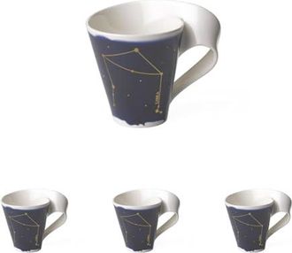 Villeroy & Boch NewWave Stars Becher mit Henkel, formsch&ouml;ne Tasse mit Waage-Motiv, Premium Porzellan, sp&uuml;lmaschinengeeignet, wei&szlig;/blau, 300 ml (Packung mit 4)