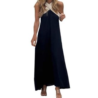 Generic Robe dos nu pour femme, sans manches, sexy, dos nu, maxi robe longue en coton et lin, robe festive courte, Noir, XL
