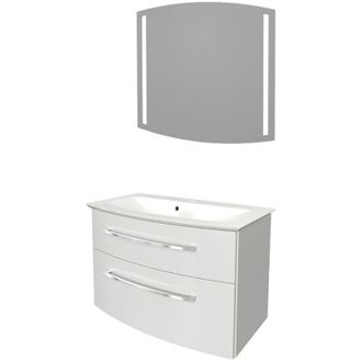 Fackelmann B.STYLE Badm&ouml;bel Set - Waschbecken mit Unterschrank und LED-Spiegel - Waschbeckenunterschrank 80 cm h&auml;ngend breit in Wei&szlig; Hochglanz