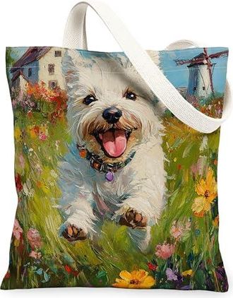 Generic Spring Westie Sac fourre-tout en toile r&eacute;utilisable pour faire du shopping, 33 x 38,1 cm, motif chiot de campagne, sac d&eacute;picerie pour femme, motif flo