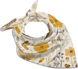Generic Écharpe carrée en soie jaune avec fleurs sauvages légères pour lautomne et les oiseaux, écharpe pour cheveux, foulard respirant, cadeau pour homme et 