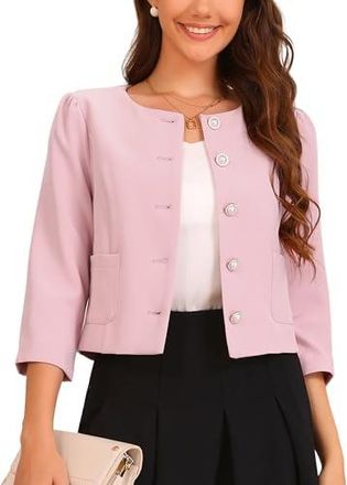 Allegra K Blazer de Bureau Femme sans Col Manches 3/4 Poches Veste Courte Légère Boutonnée Costume daffaires Décontractée Rose L