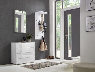 BMG Möbel Garderoben-Set Mailand 3 inkl. Spiegel, Wandpaneel mit hochwertigen Metallhaken, Grifflose Fronten in Hochglanz Weiß lackiert