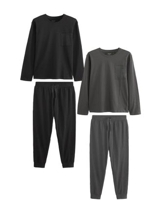 Next Herren Lang&auml;rmelige Pyjamas mit B&uuml;ndchen, 2er-Pack Schwarz/Grau XL