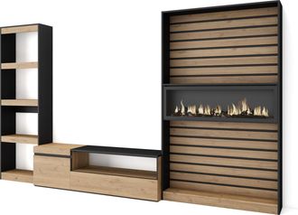 Skraut Home | Wohnwand Wohnzimmer | Wohnzimmerm&ouml;bel, M&ouml;belset | 320x186x35cm | Elektrokamin. Ma&szlig;e | Moderner Stil | Eiche Schwarz