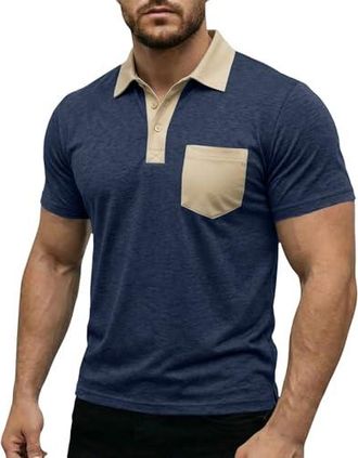 Generic DENGJIAMY Polo patchwork pour homme avec boutons Tredny et col en V - T-shirt d&eacute;t&eacute; &agrave; manches courtes - Chemises de golf pour activit&eacute;s en plein air - 