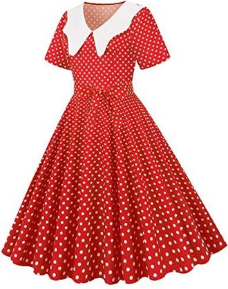 Generic Robe Vintage Femme Année 40, Chic Et Elegant Chemise 1950s Plissé Robe Vintage Swing Cérémonie Jupe Plissée avec Noeud A-Line Robe Rose Cocktail Danse