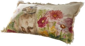 Loberon Kissenh&uuml;lle Par&eacute;lys - Nat&uuml;rliches Hasen- & Blumenmotiv - Aquarelloptik - Luftige Fransenkante - Kissenbezug - Ostertextilien - Osterdeko - Leinen, bun