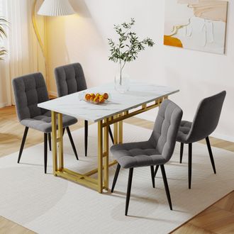 Merax Esstisch K&uuml;chentisch Set, Rechteckig Esstisch mit 4 Esszimmerst&uuml;hle, moderner Essgruppe, Polsterstuhl aus Leinen, Gestell aus Metall, f&uuml;r Esszimmer K&uuml;
