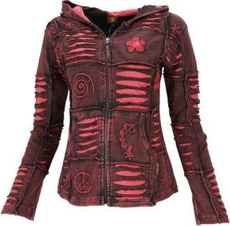 Guru Shop Guru-Boutique, Veste en Patchwork Goa, Veste &agrave; Capuche Boho, Noir/rouge Bordeaux, Lecoton, Size:XL (46), Vestes et Gilets Boho