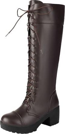 Generic Bottes Hautes pour Femme Elegant Cuir &agrave; Lacets Talon Bloc Bout Rond Plateforme Fermeture &Eacute;clair Lat&eacute;rale Semelle Antid&eacute;rapante Style Britannique Botte