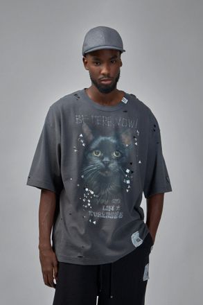 Miharayasuhiro Cat Printed Embellished Distressed T-Shirt
