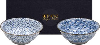Tokyo Design Studio Mixed Bowls Kristall 2-er Schalen-Set blau-wei&szlig;, &Oslash; 21 cm, ca. 1000 ml, asiatisches Porzellan, Japanisches Design, inkl. Geschenk-Verpackung