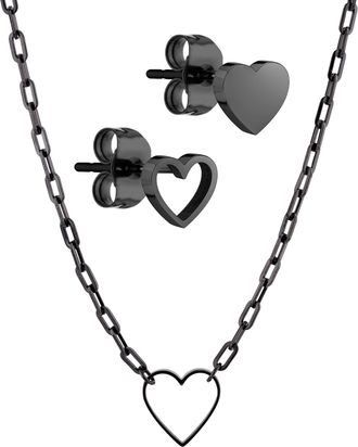 Liebeskind BERLIN Schmuck-Set - Herz-Ohrstecker und Gliederhalskette - IP Schwarz - Gliederkette verstellbar bis 45 cm - wasserfest & hautfreundlich