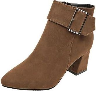 Generic Bottines en daim pour femme - Bout pointu - Talon bloc - Grande sangle &agrave; boucle et fermeture &eacute;clair lat&eacute;rale - En daim synth&eacute;tique doux - Talon haut -