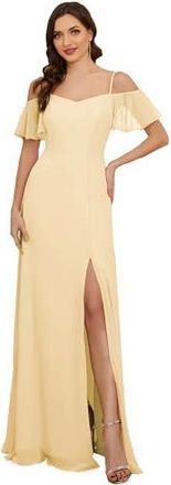 Ever-pretty Robe de Soirée Longue Femme Épaules Dénudées à Bretelles à Volants Fendue en Mousseline Fluide Jaune 50