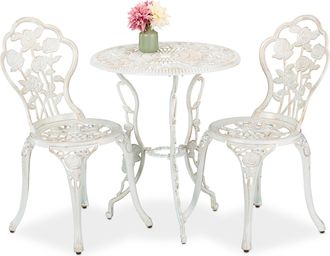 Relaxdays Gartenm&ouml;bel Set, 3-teilig, Tisch & 2 St&uuml;hle, Vintage Balkonm&ouml;bel, Aluguss, Garten Sitzgruppe, wei&szlig;/bronze