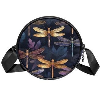 Generic Petit sac &agrave; bandouli&egrave;re rond pour femme, motif libellule dor&eacute;e avec fermeture &eacute;clair, bretelles r&eacute;glables, sac &agrave; main rond d&eacute;contract&eacute; pour femmes et 