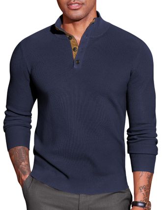 Coofandy Herren Pullover Half Neck Stehkragen Retro Strickpullover mit 1/15 Kn&ouml;pfe Wildleder Pulli Winterpullover Sweater Blauviolett 3XL