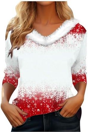 Generic Haut de Noël pour femme avec col en V imprimé en fausse fourrure graphique chemises de vacances à manches longues col en peluche T-shirt dhiver confor