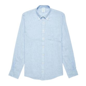 Brooks Brothers Chemise en lin coupe ajust&eacute;e avec col boutonn&eacute; - Homme - Chemises - Bleu - Taille: 2XL