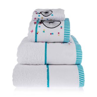 Homescapes 100% &Auml;gyptische Baumwolle Flauschiges Premium Frottee Handtuch Set wei&szlig; 3tlg Vintage Stick Motiv Hochrad