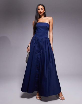 Tfnc Robe bustier longue en coton avec jupe &eacute;vas&eacute;e - Bleu marine