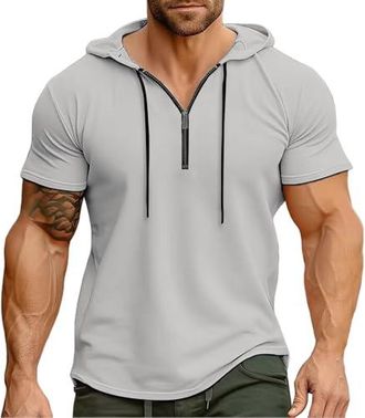 Generic T-shirt &agrave; capuche pour homme - Fermeture &eacute;clair 1/4 - Manches courtes - Pull dentra&icirc;nement - Pull de gym - Chemise muscle d&eacute;t&eacute; avec capuche - T-shirt 