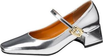 Generic Mary Janes en Argent métallique pour Femmes avec Boucle en Strass Bout carré Bas Gros Bloc Talons réglable Sangle fête Chaussures décontractées,Argent