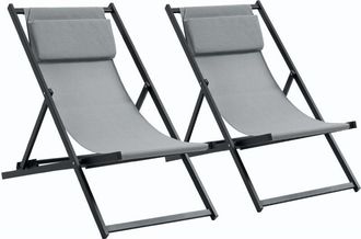 OUTSUNNY Lot de chiliennes fauteuils de jardin inclinables avec t&eacute;ti&egrave;re alu noir textil&egrave;ne gris