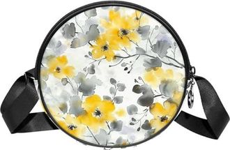 Generic Petit sac &agrave; bandouli&egrave;re circulaire pour femme, motif feuilles florales, sac &agrave; dos avec fermeture &eacute;clair, bretelles r&eacute;glables, sac &agrave; main rond d&eacute;contra