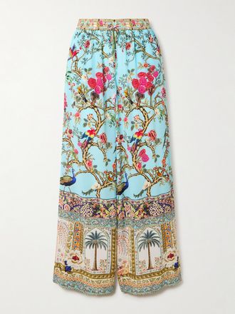 Camilla Pantalon Large En Satin De Soie Imprimé - Bleu