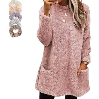 Generic Pull en polaire pelucheuse à manches longues et col rond, couleur unie, pull léger et confortable en polaire, rose, 4XL