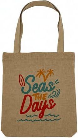 Fabulous Sac Shopping Tote Bag Aspect Lin - Seas The Days Surf Holidays Beaches - Sac de Courses Toile Epaisse 360g Beige Naturel Cabas Port&eacute; Epaule Solide Imp