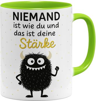 OM3 Motivations Kaffee-Tasse mit Spruch - Niemand ist wie du und das ist deine St&auml;rke - Lustige Keramiktasse mit Monster-Motiv - Keramik Becher - 325ml - 