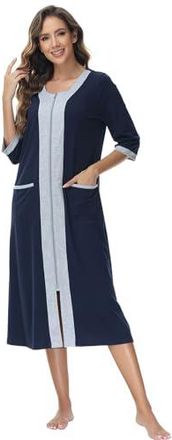 Rismart Femme Manche 3/4 Fermeture éclair Robe Pyjama Décontracté Col V Chemise de Nuit Manteau de Maison Bleu Marine,XXL