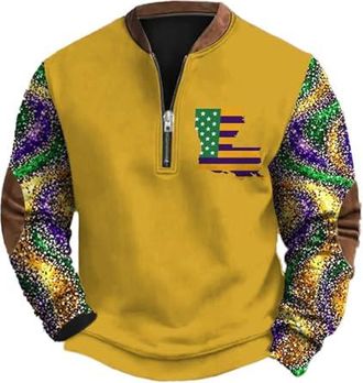 Generico Sweat de carnaval pour homme avec fermeture &eacute;clair imprim&eacute; 3D de la cath&eacute;drale de Cologne et clown - Pull &agrave; manches longues ray&eacute; avec col montant pour