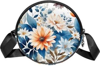 Generic Sac &agrave; bandouli&egrave;re rond pour femme, motif fleurs et feuilles, sac &agrave; dos avec fermeture &eacute;clair, bretelles r&eacute;glables, sac &agrave; main rond d&eacute;contract&eacute; pour fe