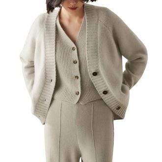 Generic Cardigan dhiver &eacute;pais avec poche boutonn&eacute;e et col en V 100 % cachemire chaud et doux pour femme, Bai Shuang Se, Taille M