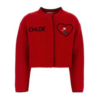 Chlo&eacute; Logo-bestickte Zopfstrick-Strickjacke - - Knitwear - Damen - Rot - M