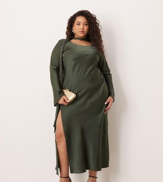 Asos Curve ASOS DESIGN Curve - Robe longue &agrave; manches longues et col V avec foulard - Vert fonc&eacute;-Pas de couleur