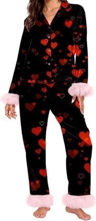 Generic Ensemble de pyjama 2 pi&egrave;ces en satin de soie pour femme avec bordure en plumes, chemise boutonn&eacute;e, pantalon de d&eacute;tente, ensemble de pyjama 2 pi&egrave;ces av